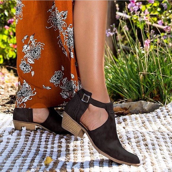 Shoes | Black Distressed Open Buckle Bootie | Poshmark